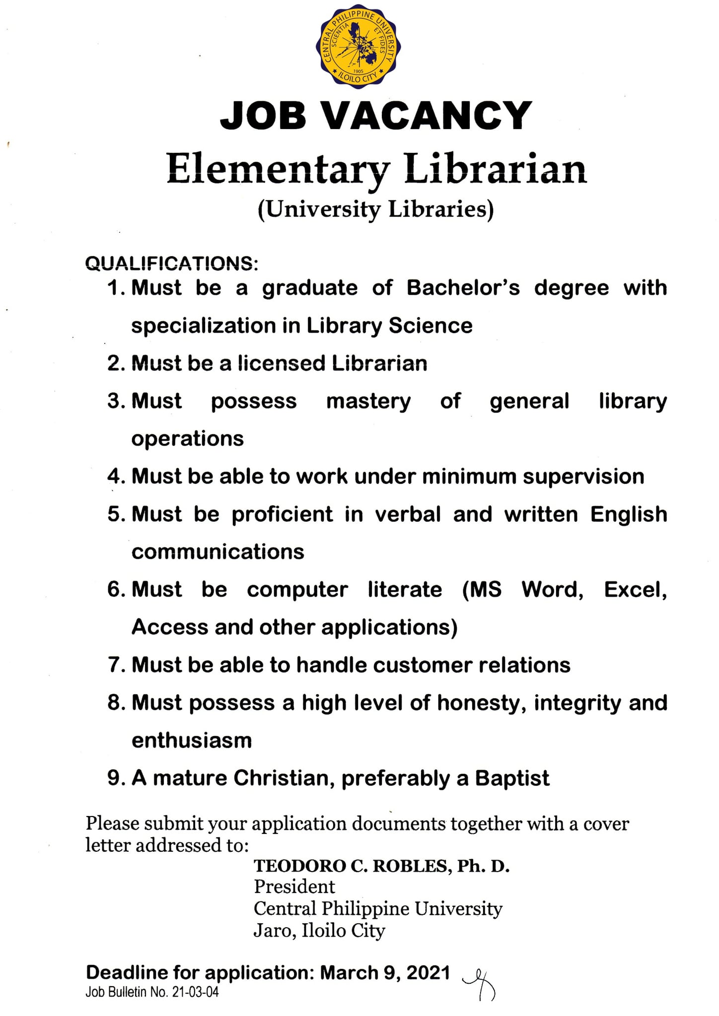 Job Vacancy: Elementary Librarian - Henry Luce III Library